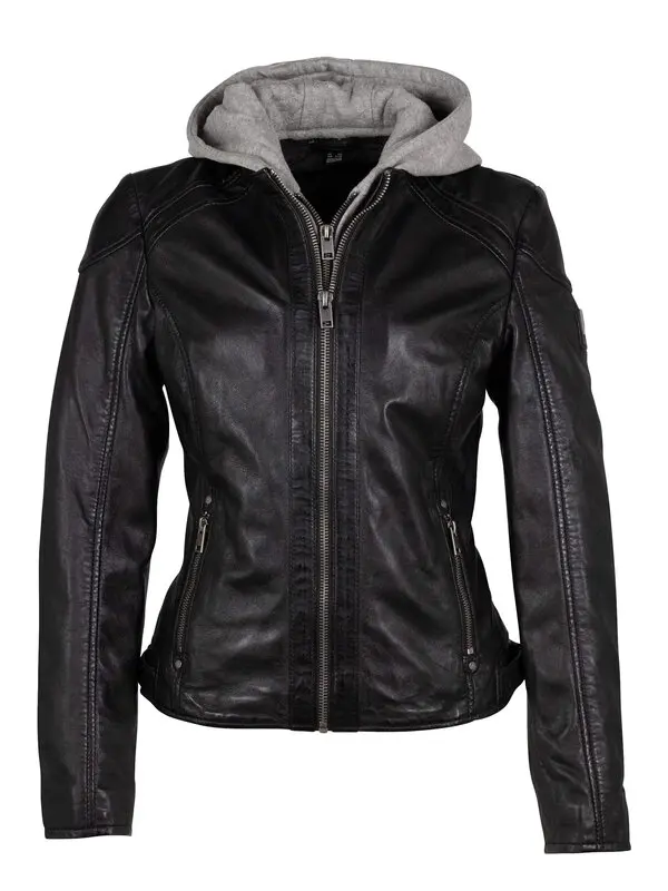 Mauritius Leather Jacket With Removable Fleece Hood - Black