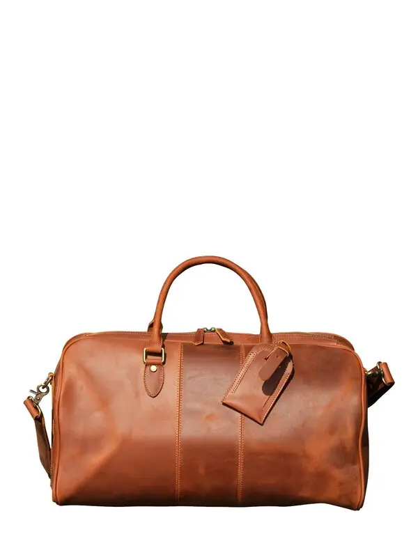 TOURI Genuine Leather Duffle Bag With Luggage Tag - Brown