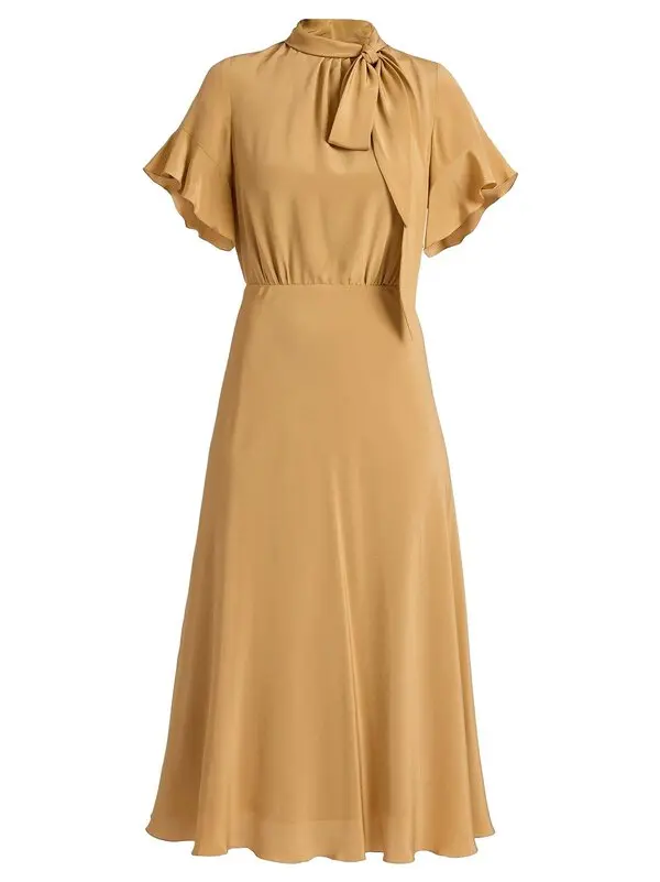 Santorelli Sabrina Silk Short Sleeve Tie Neck Midi Dress - Yellow