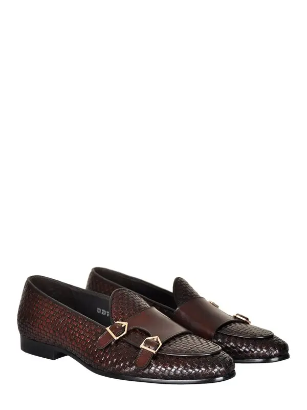 DAVID WEJ Lorenzo Woven Monk Strap Loafers - Brown
