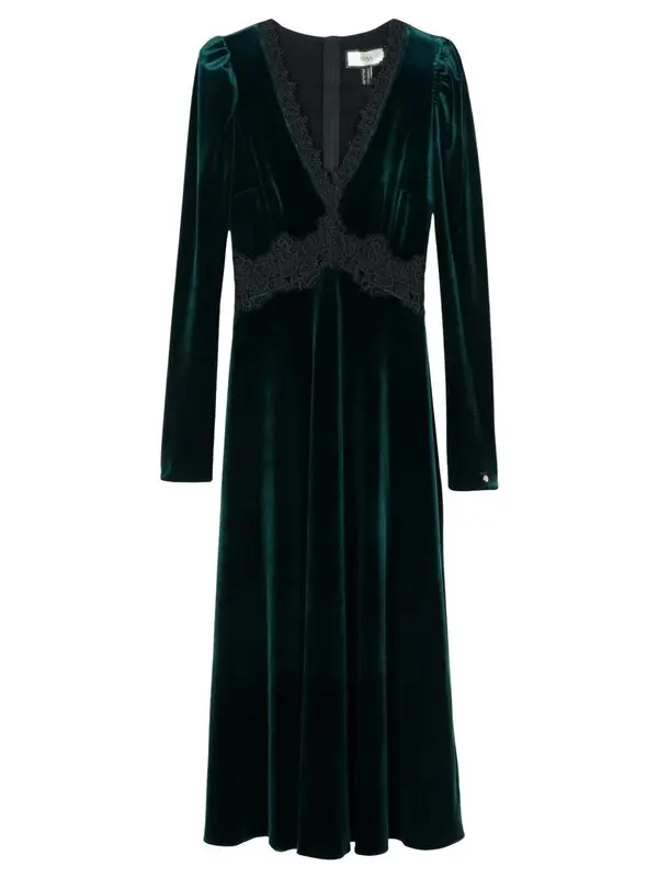 NISSA Lace-insert Velvet Midi Dress - Green