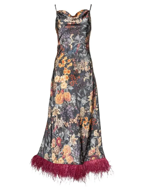 VASILIKI ATELIER Mila Floral Maxi Dress With Faux Feather Trim - Blue