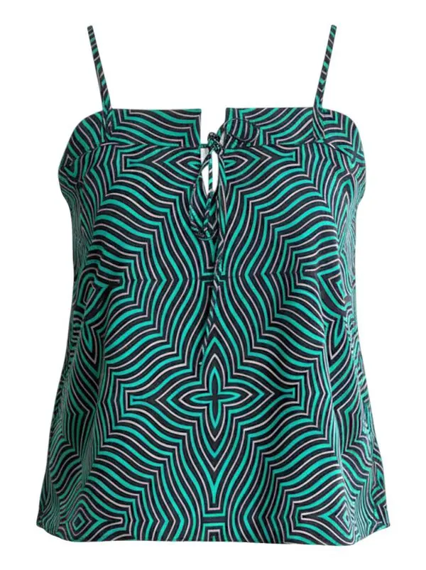 STOVARIA Pure Silk Strappy Camisole Top With Tie Front - Green/black