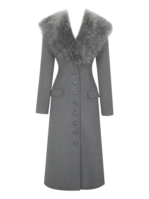 MISS CIRCLE NEW YORK Wool-blend Single-breasted Coat With Faux Fur Collar - Grey