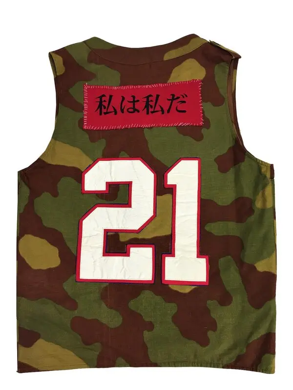 QUILLATTIRE Up-cycled Camouflage Varsity Waistcoat - Red/white