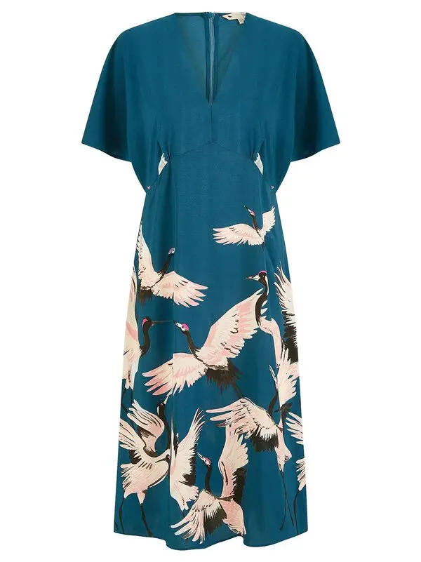 YUMI Recycled Fabric Crane Print Kimono Midi Dress - Blue