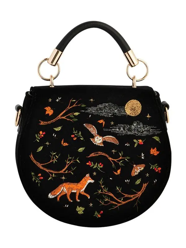 FABLE ENGLAND Fox & Owl Embroidered Saddle Bag - Black