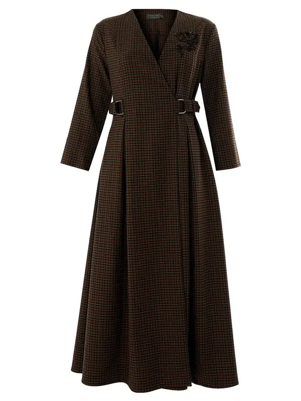 EXQUISE Notched Lapel Long Sleeve Dress - Brown