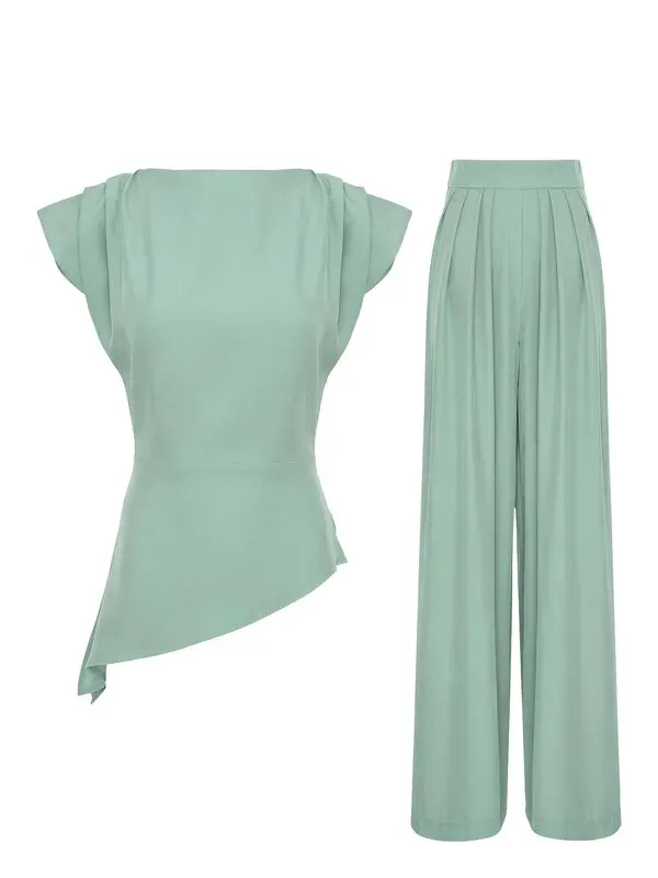 BLUZAT Viscose Crepe Set With Structured Shoulder Top And Palazzo Pants - Green