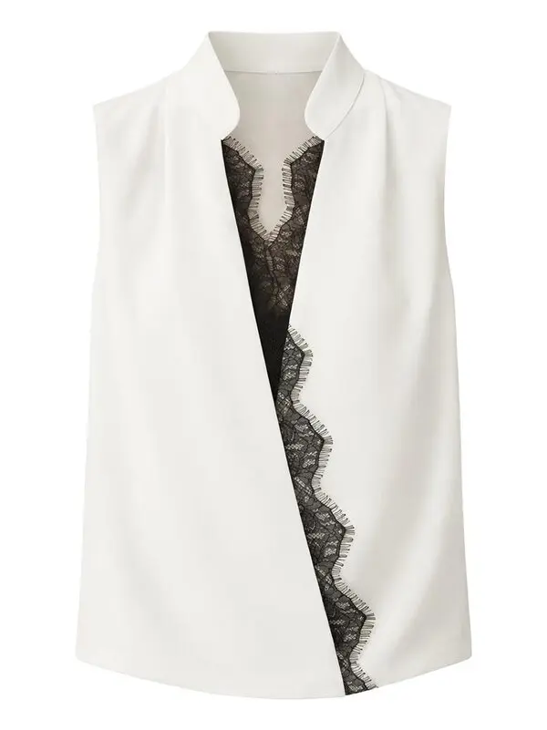 EXQUISE Regular Fit Lace Trimmed Sleeveless Blouse - Beige
