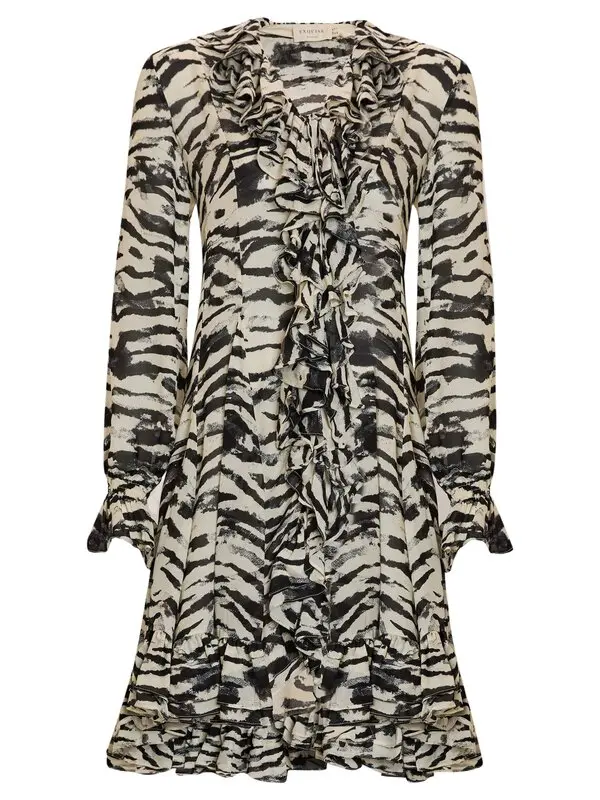EXQUISE Zebra Print Mini Dress With Ruffle Detailing - Black/white