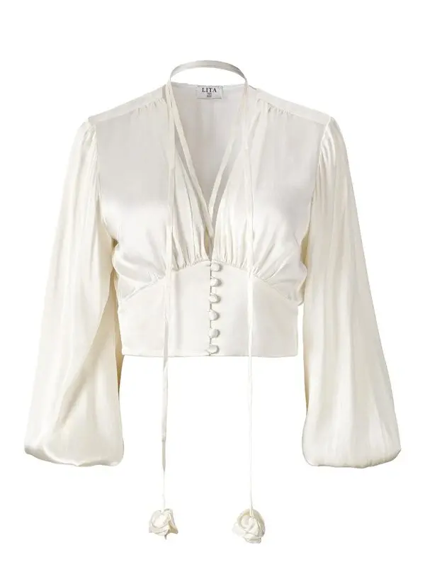 LITA COUTURE Ample-sleeve Satin Top - White