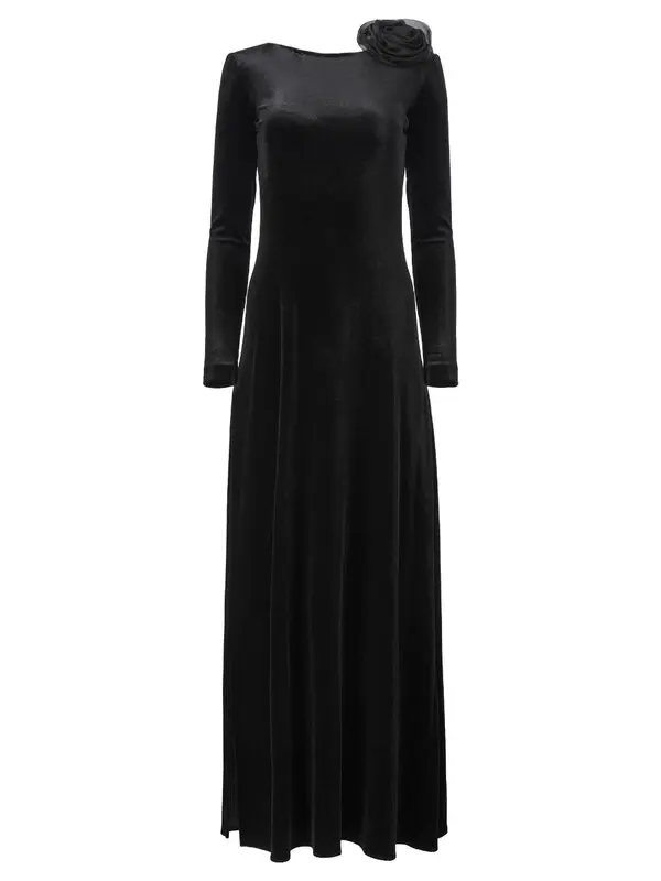 LITA COUTURE Velvet Flower Appliqué Maxi Dress - Black