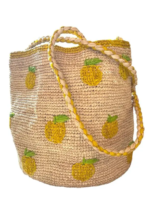 ZANATANY CONCEPTS Small Lemon Embroidered Raffia Bucket Bag - Yellow