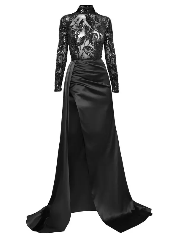 MODA GLAM Sheer Sequin Bodice Satin Gown With Sash - Black
