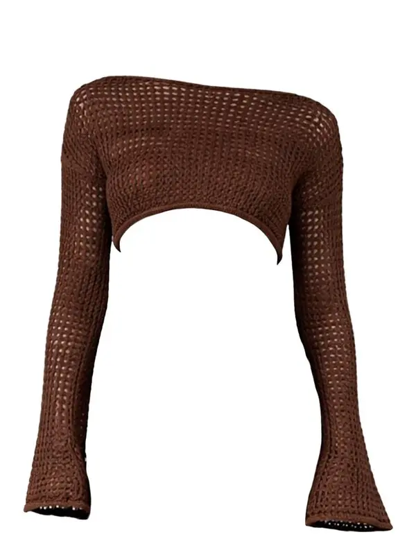 BELLETAGE SWIMWEAR Crochet Off-the-shoulder Crop Top - Brown