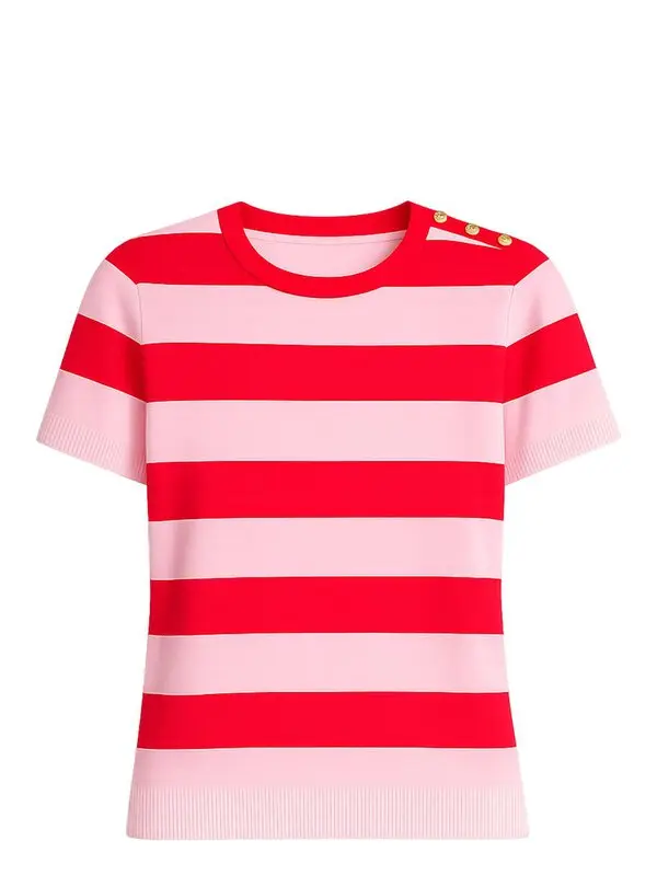 YUMI Block Stripe Knitted Top With Button Details - Red