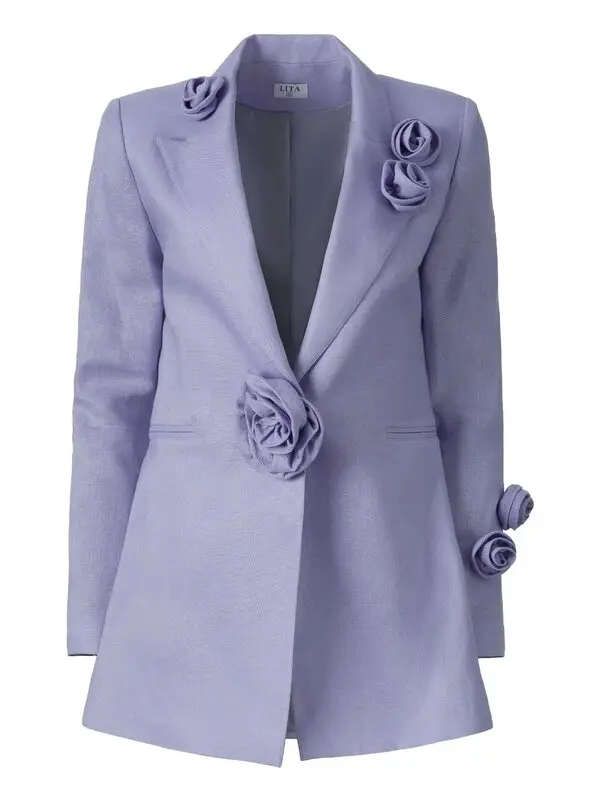 LITA COUTURE Rosette Appliqué Linen Blazer - Purple