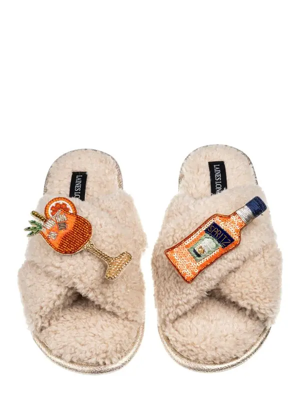 LAINES LONDON Neutral Boucle Slippers With Summer Spritz Brooches - Brown