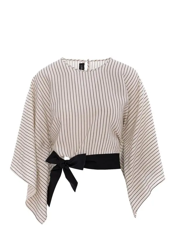 LARISA DRAGNA Striped Kimono Sleeve Top With Tie Belt - Black