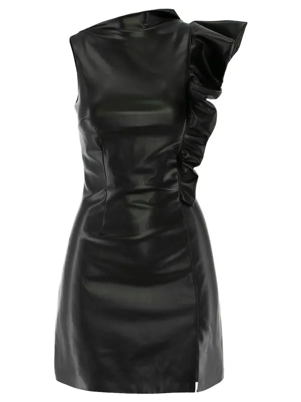 AVENUE N°29 Eco Leather Asymmetrical Mini Dress With Ruffle - Black