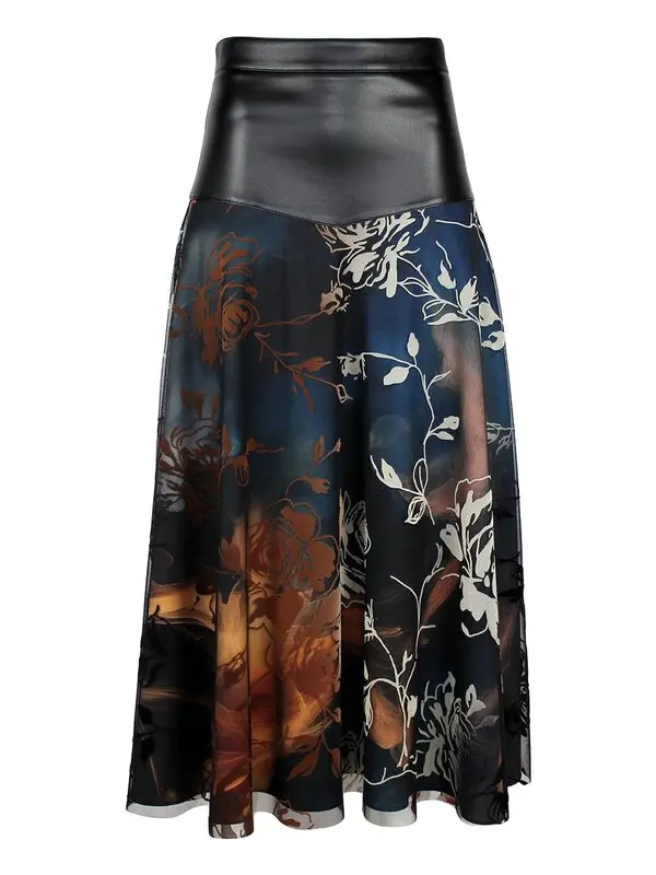 LALIPOP DESIGN Layered Floral Tulle Midi Skirt With Vegan Leather Waistband - Black