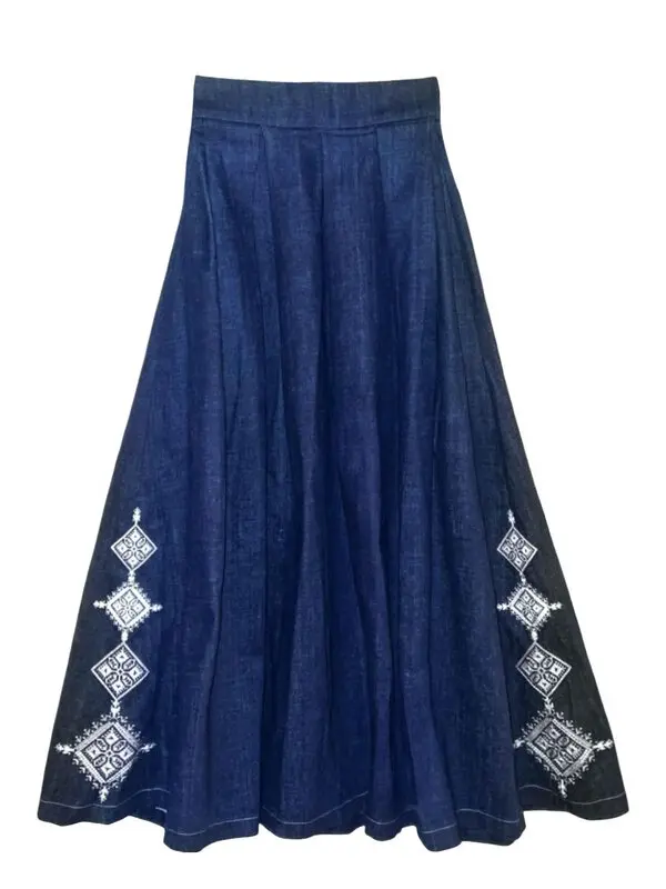 L2R THE LABEL Embroidered Denim Maxi Skirt - Blue