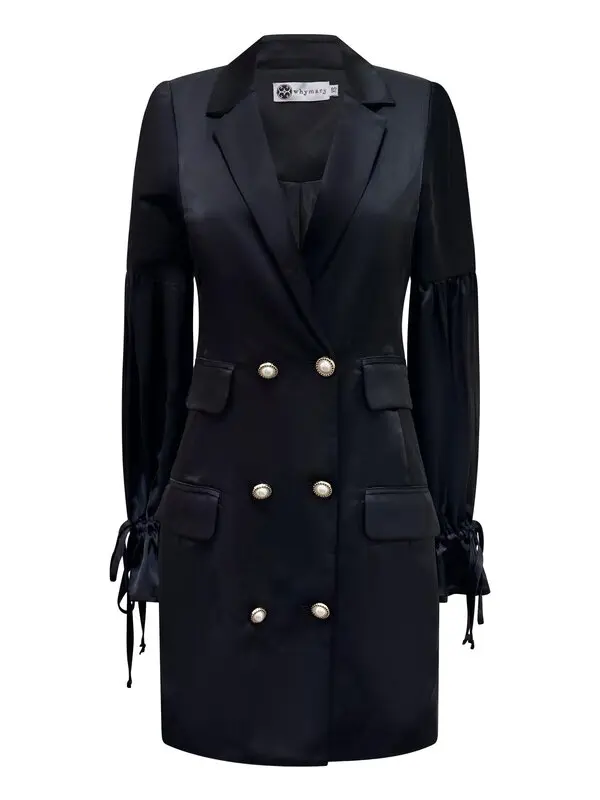 WHY MARY Double-breasted Satin Coat Dress - Black