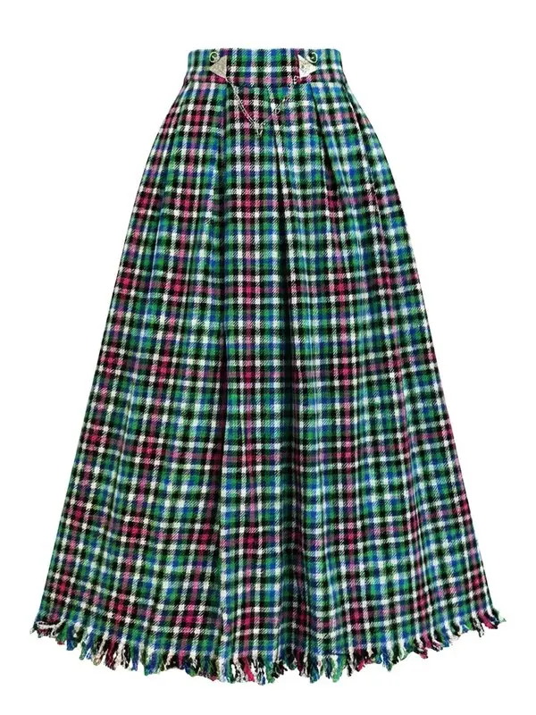 L2R THE LABEL Plaid Fringed Maxi Skirt With Embellishments - Green