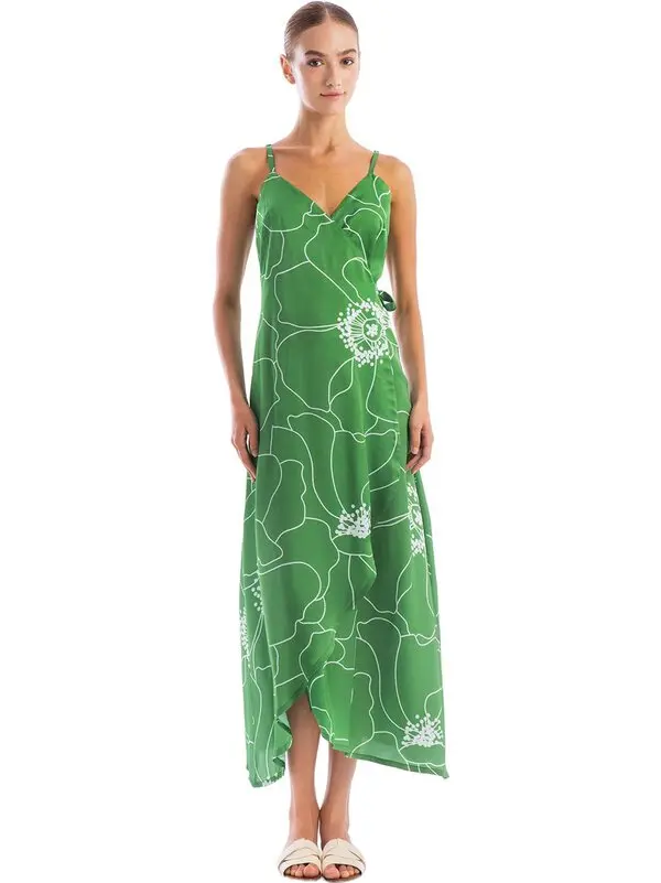 Haris Cotton Printed Satin Wrap Maxi Dress - Green