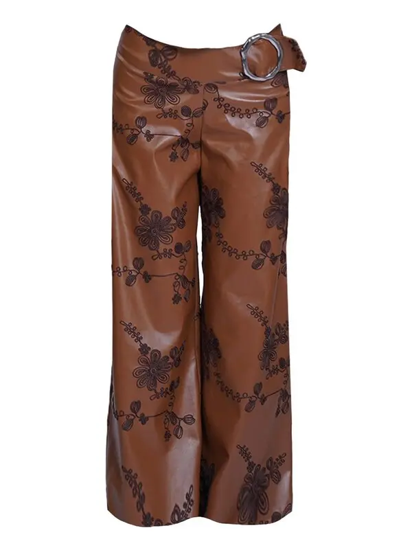 28NATELIER Embroidered Faux Leather Wide Leg Trousers - Brown