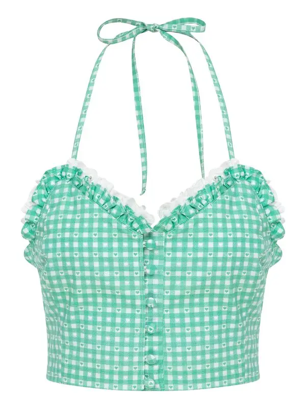 JE TE VEUX Gingham Bustier With Lace Trim - Green