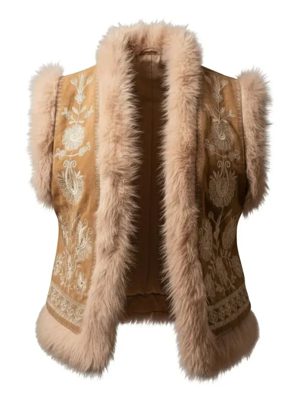 IZABELA MANDOIU Embroidered Fur Vest - Beige