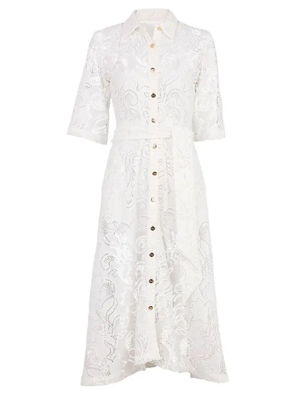 ZETAYE Fiori Lace Midi Shirtdress - White