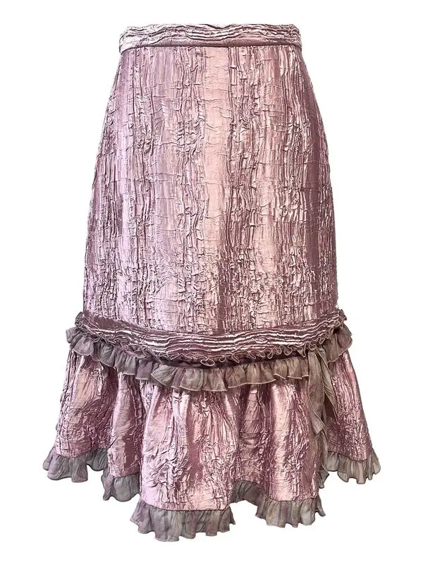 Anna Sui Crushed Satin Ruffle Midi Skirt - Pink