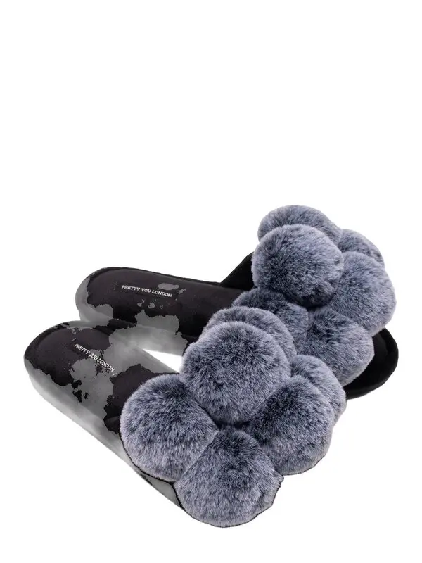 PRETTY YOU London Pom Slider Slippers - Black