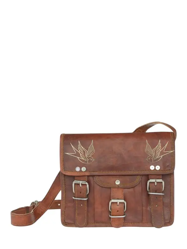 VIDA VIDA Leather Satchel With Swallow Tattoo - Brown