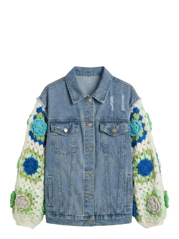CY BOUTIQUE Floral Crochet Sleeves Denim Jacket - Blue