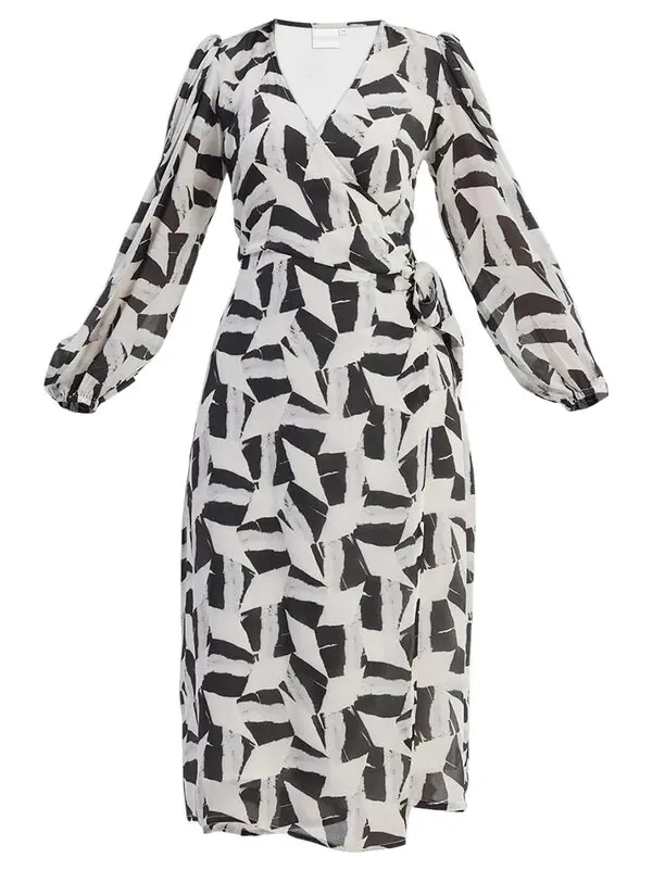 REISTOR Abstract Mosaic Print Midi Wrap Dress - Black