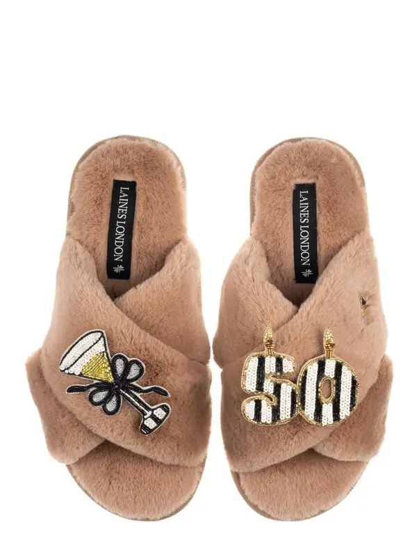 LAINES LONDON Classic Laines Slippers With Stripe 50th Birthday & Glass Of Champagne Brooches Toffee - Brown