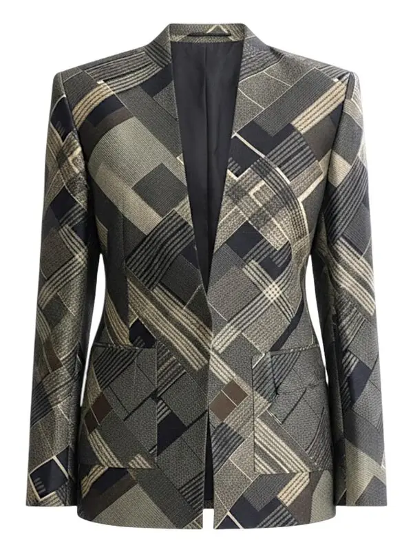 STOVARIA Tussar Silk Lapel-free Blazer With Graphic Checks - Gold/black/brown