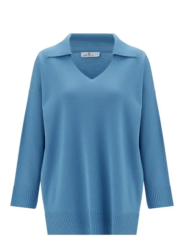 PERALUNA Polo V-neck Knit Pullover - Blue