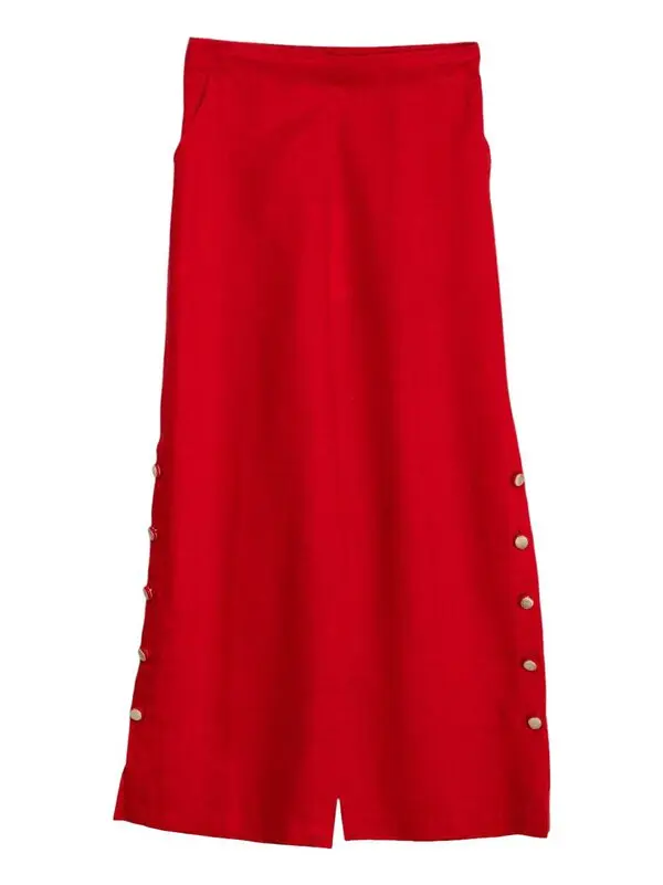 NIZA High-waisted Linen Blend Trousers With Embroidered Side Slits - Red