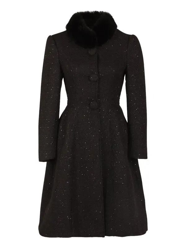 SANTINNI Starlet Wool Tweed Dress Coat With Faux Fur - Black