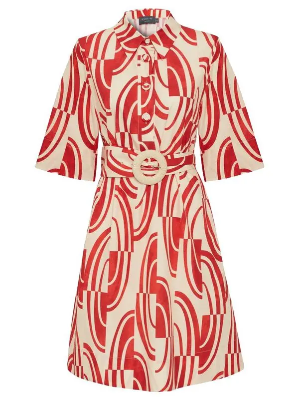 EXQUISE Abstract Print Belted Shirt Dress - Red