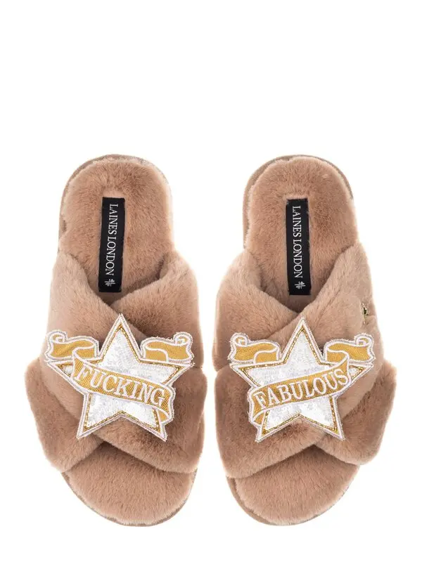 LAINES LONDON Neutrals Classic Laines Slippers With Fucking Fabulous Brooches Toffee - Brown
