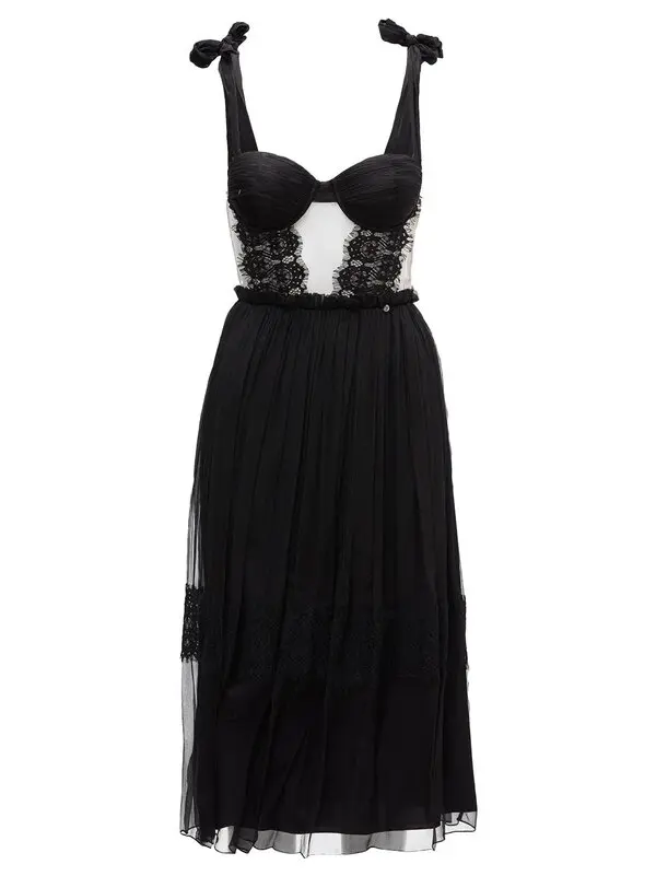 NISSA Lace Insert Silk Midi Dress - Black