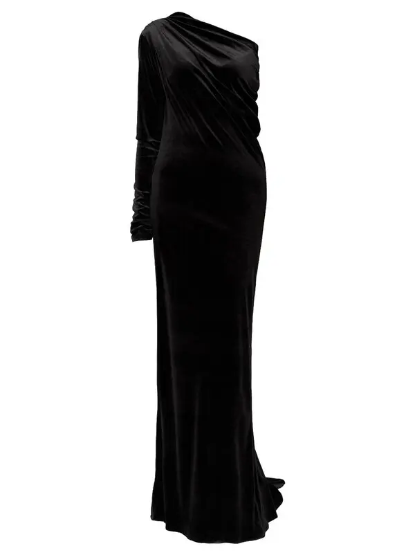 LIA ARAM Asymmetric Velvet Gown With Train - Black