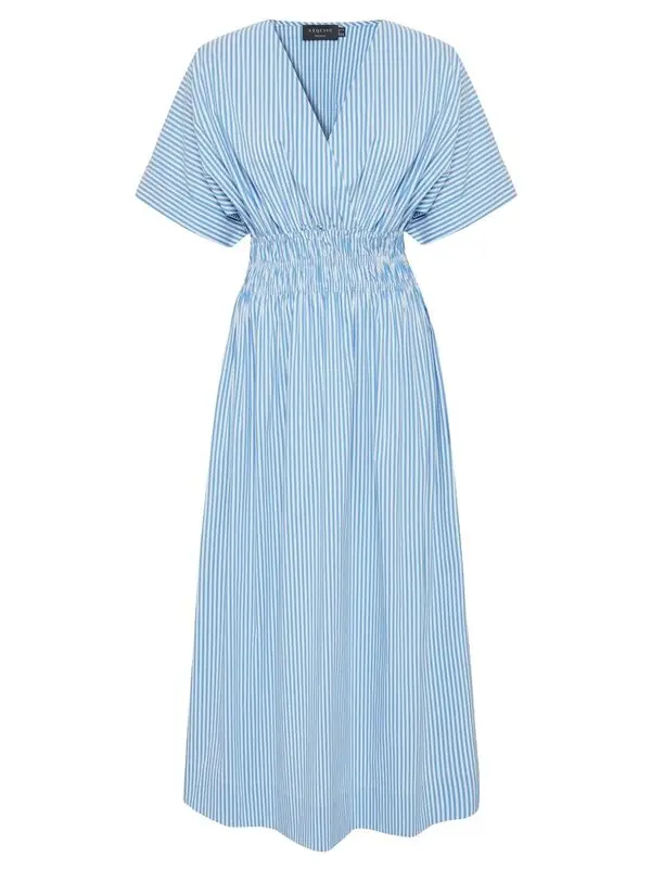 EXQUISE Drawstring Waist Batwing Sleeve Midi Dress - Blue