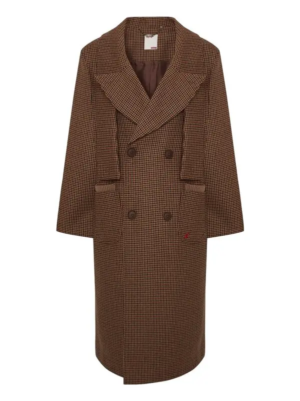 PCFG Houndstooth Wool Long Coat - Brown